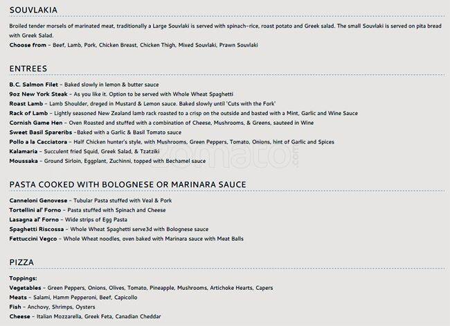 Menu at Simpatico Ristorante restaurant, Vancouver