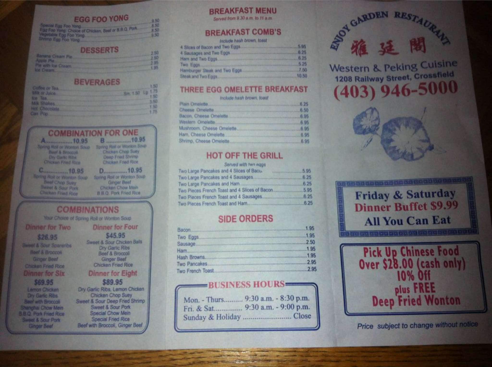 Menu at Enjoy Garden Restaurant, Crossfield