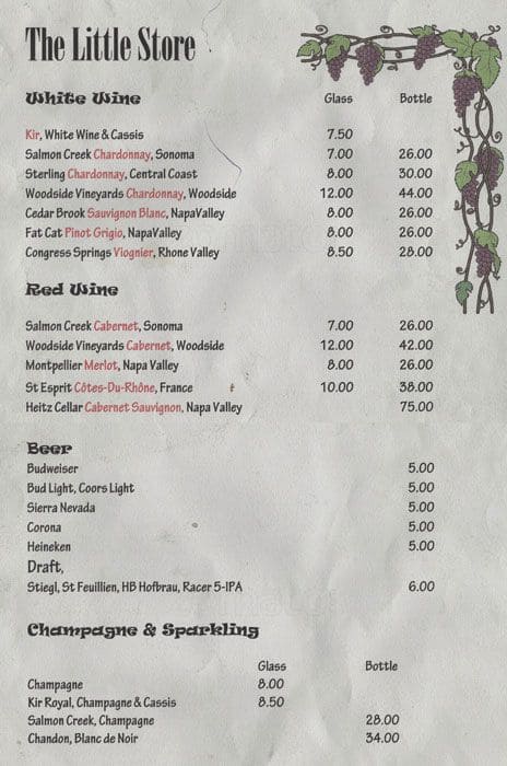 Menu at The Little Store Restaurant, Woodside