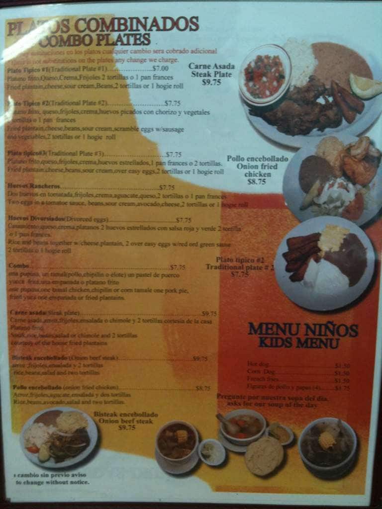 Menu at Rincon Salvadoreno restaurant, Taylorsville