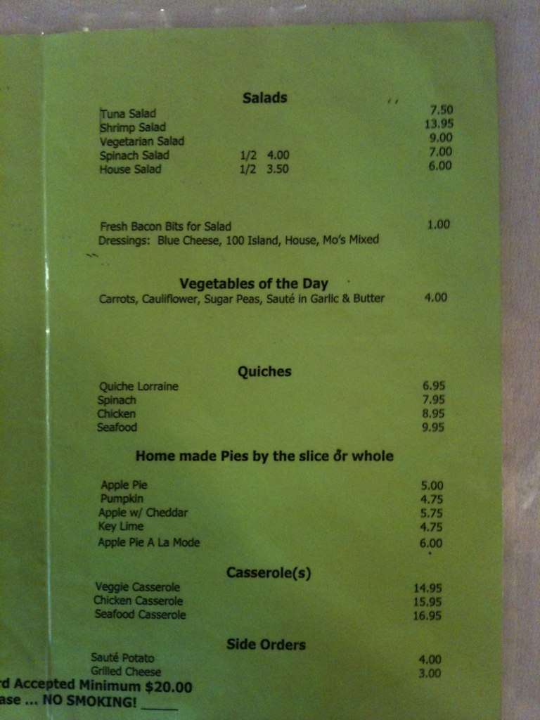 Menu at Mo's restaurant, Key West