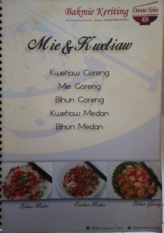 Menu at Bakmi Keriting Danau Toba restaurant, Jakarta