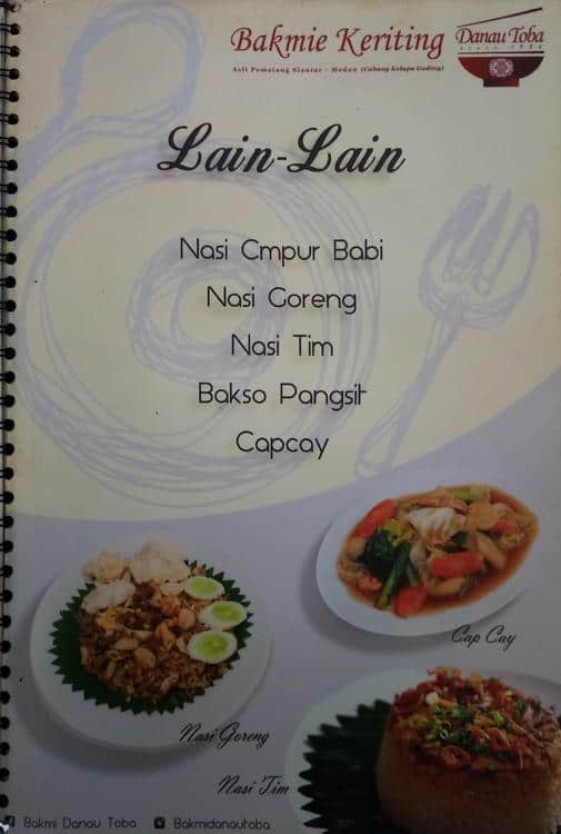 Menu at Bakmi Keriting Danau Toba restaurant, Jakarta