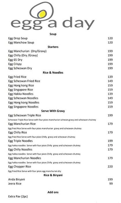 Menu of Egg A Day, Bandra Talao, Bandra West, Mumbai