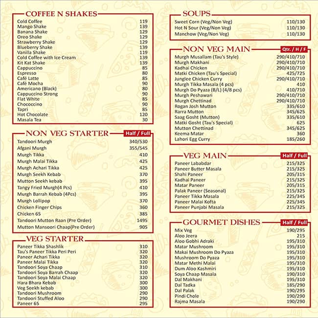 Menu of Hungry Tau, DLF Phase 4, Gurgaon