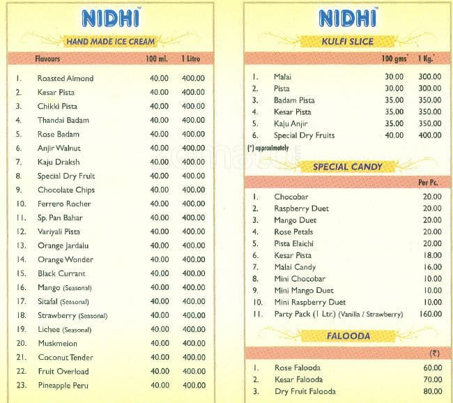Nidhi Ice Cream Menu, Menu untuk Nidhi Ice Cream, Girgaum, Mumbai - Zomato