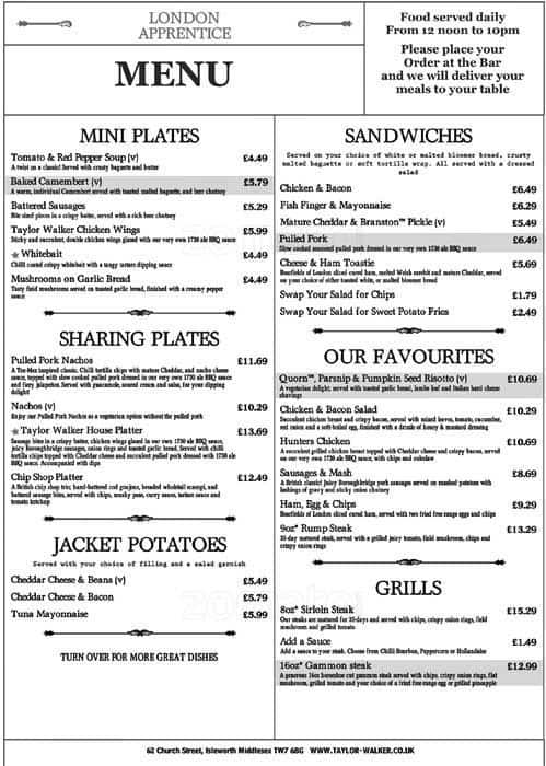 The London Apprentice Menu, Menu for The London Apprentice, Isleworth ...