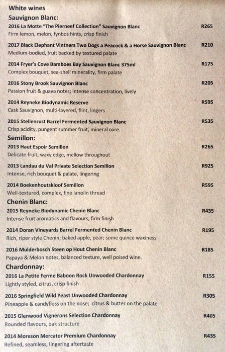 Menu at Foliage restaurant, Cape Town