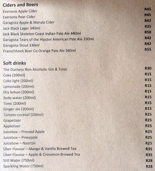 Menu at Foliage restaurant, Cape Town