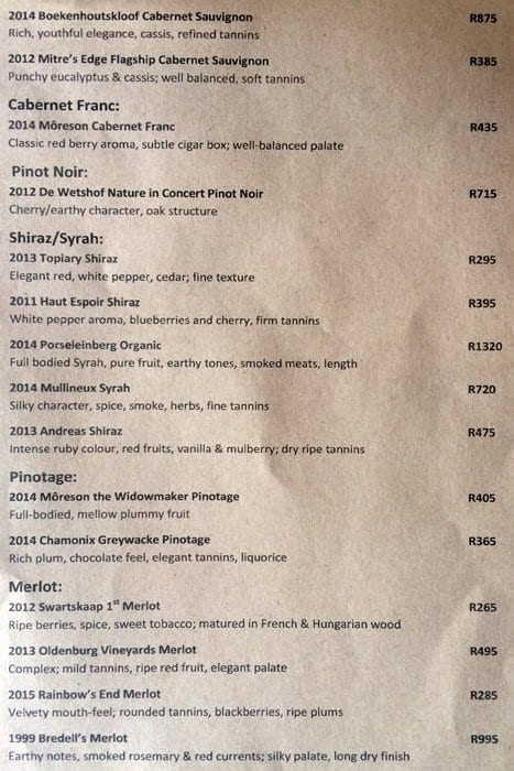 Menu at Foliage restaurant, Cape Town