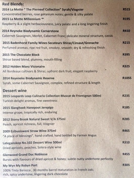 Menu at Foliage restaurant, Cape Town