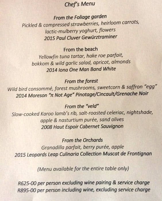 Menu at Foliage restaurant, Cape Town