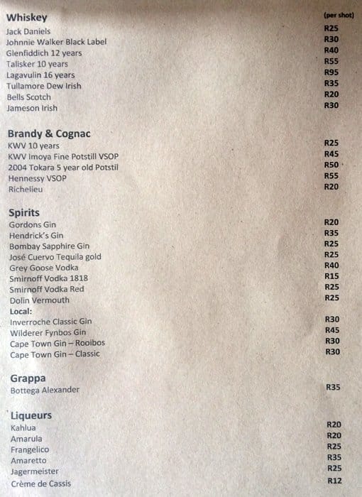 Menu at Foliage restaurant, Cape Town