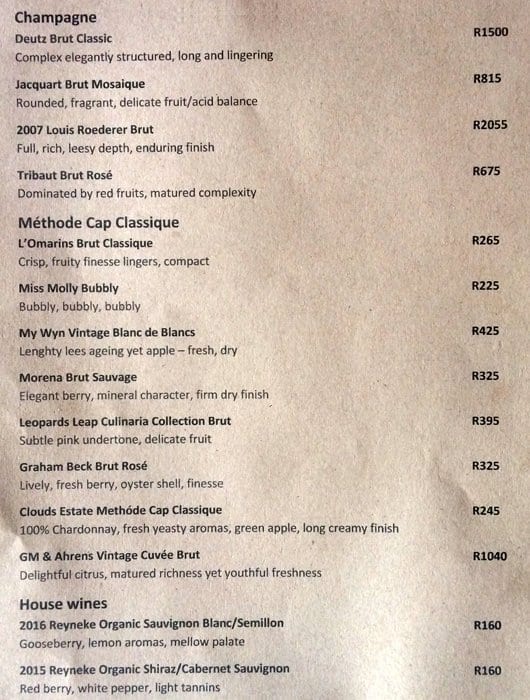 Menu at Foliage restaurant, Cape Town