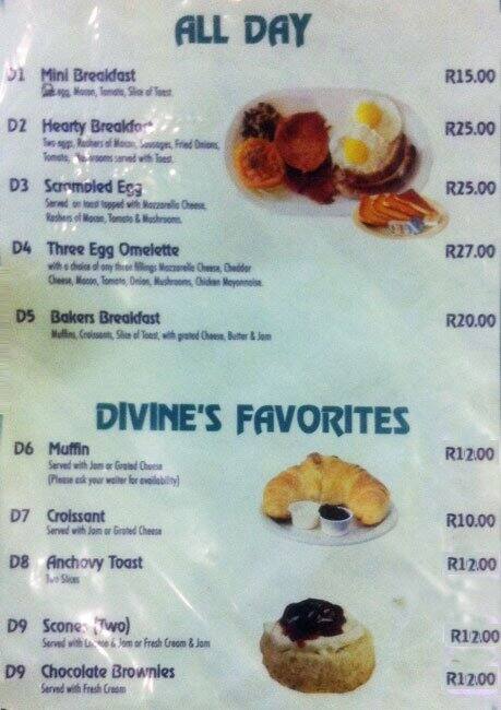 Menu at Devine Bakery & Confectionery, Johannesburg