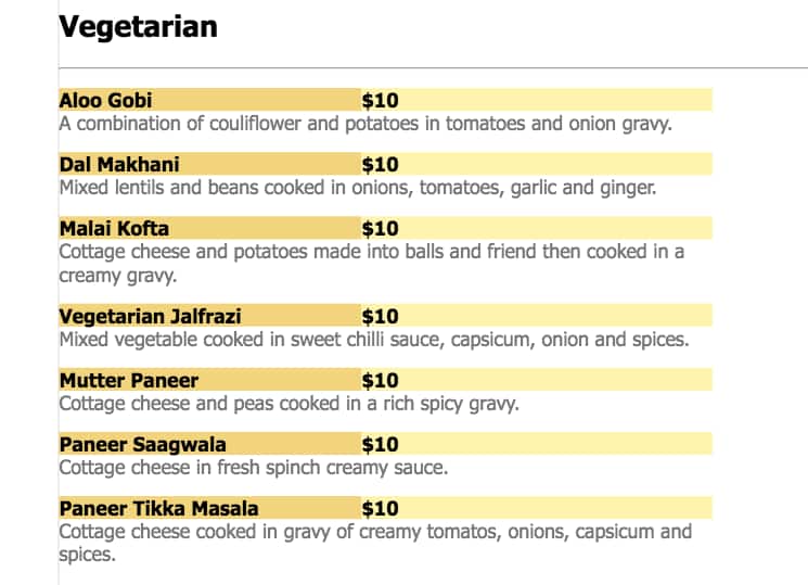 Menu at Royal Spice restaurant, Auckland