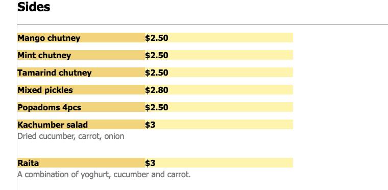 Menu at Royal Spice restaurant, Auckland