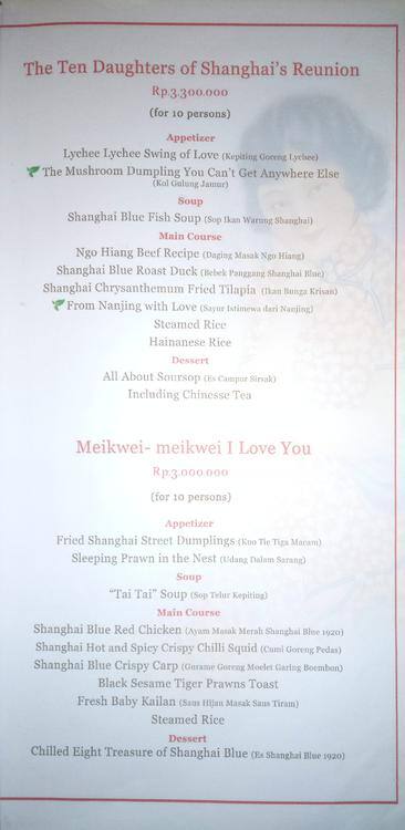 Menu at Shanghai Blue 1920 restaurant, Jakarta