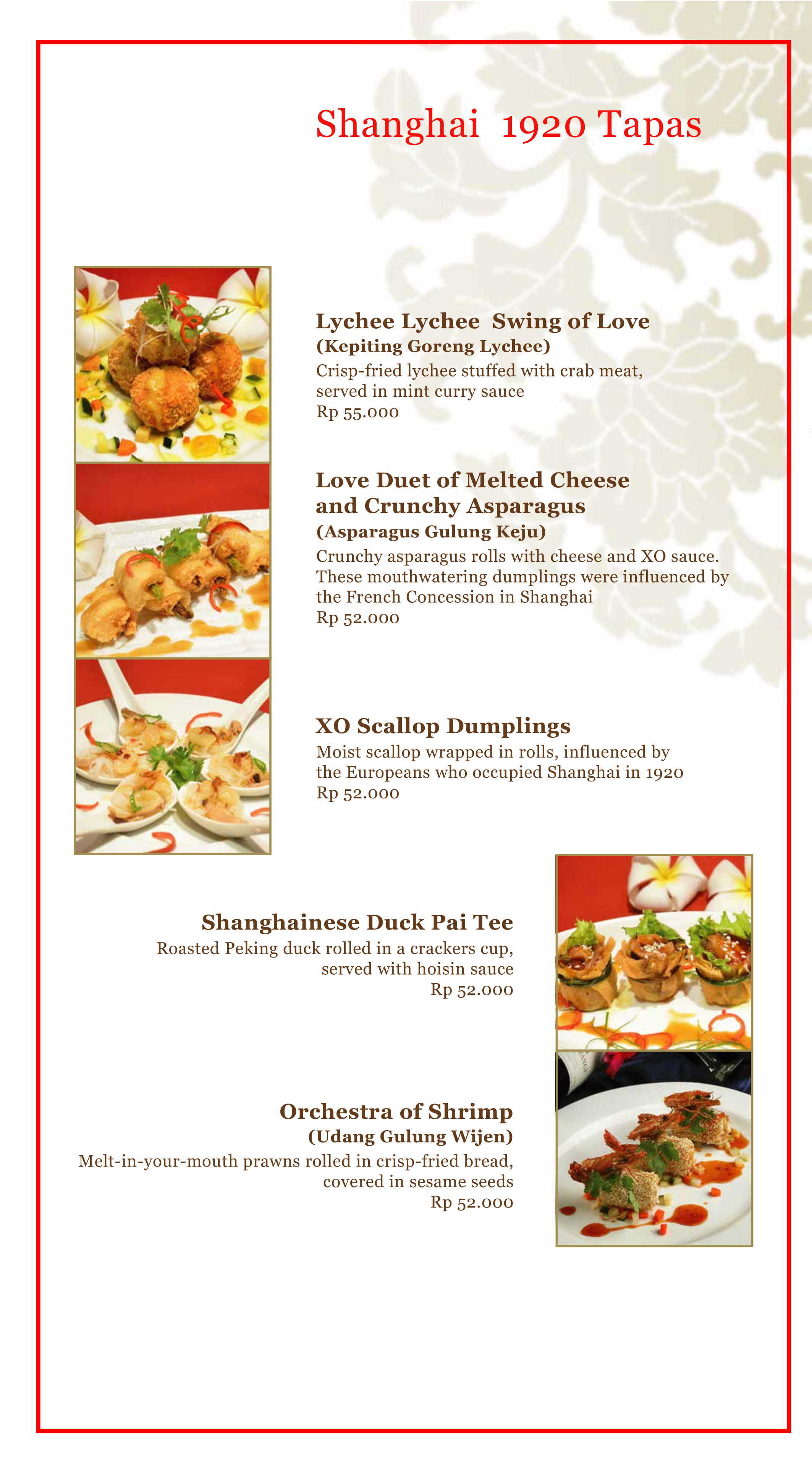 Menu at Shanghai Blue 1920 restaurant, Jakarta