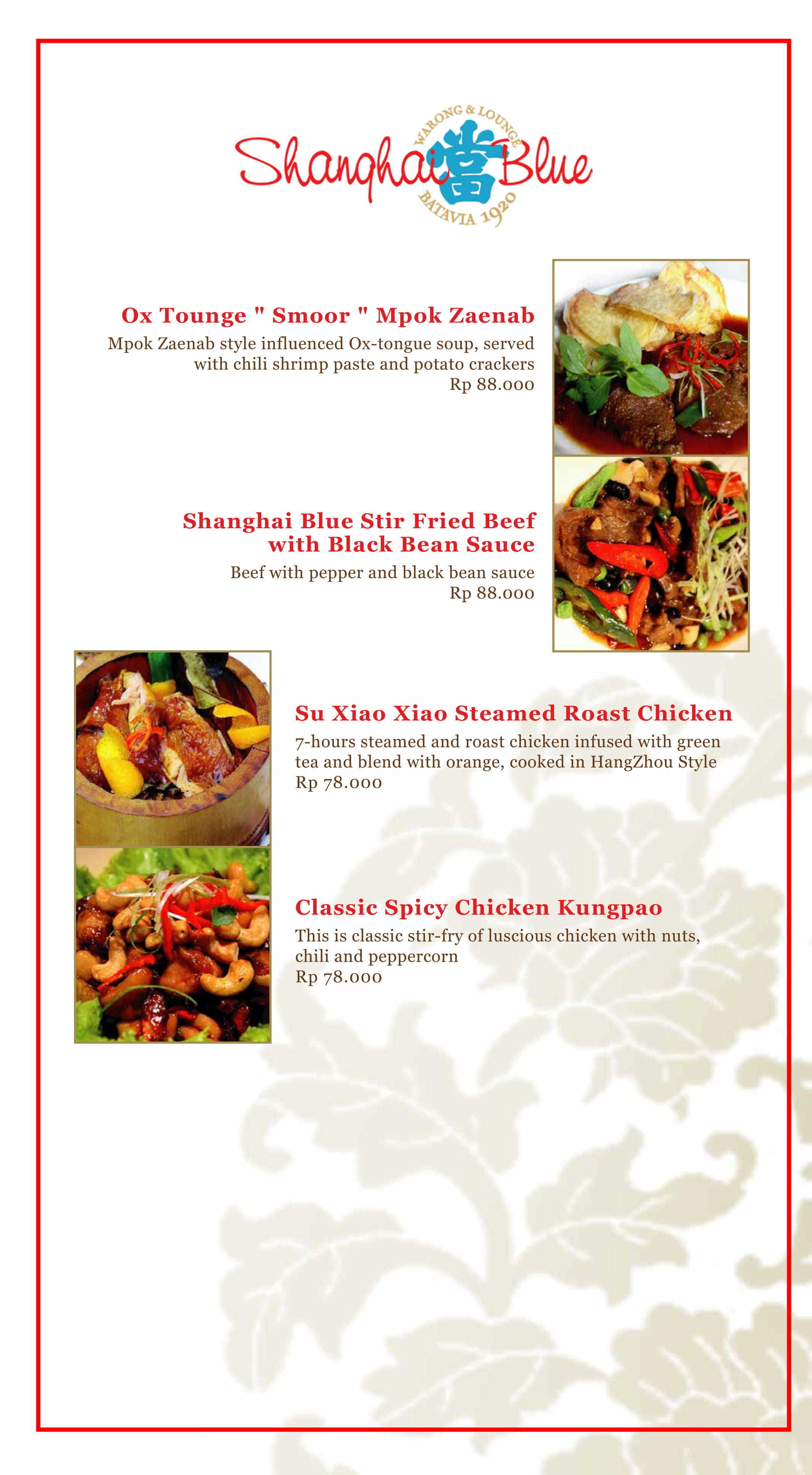 Menu at Shanghai Blue 1920 restaurant, Jakarta