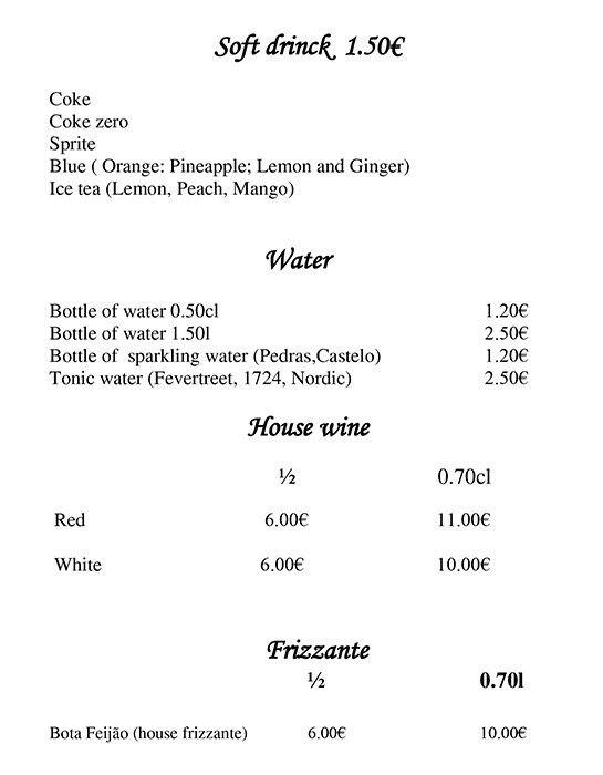 Menu at Bota Feijão restaurant, Lisbon