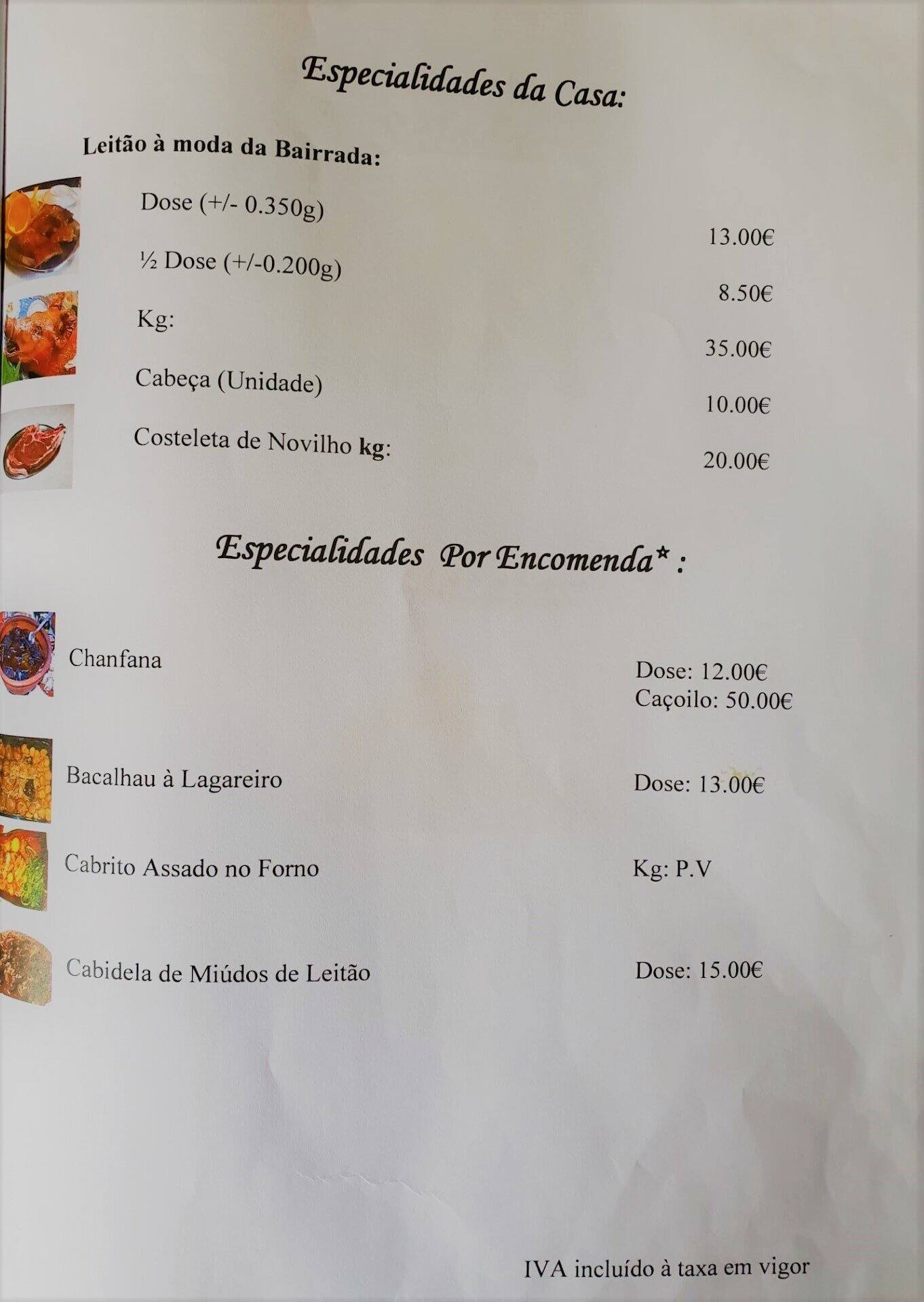 Menu at Bota Feijão restaurant, Lisbon