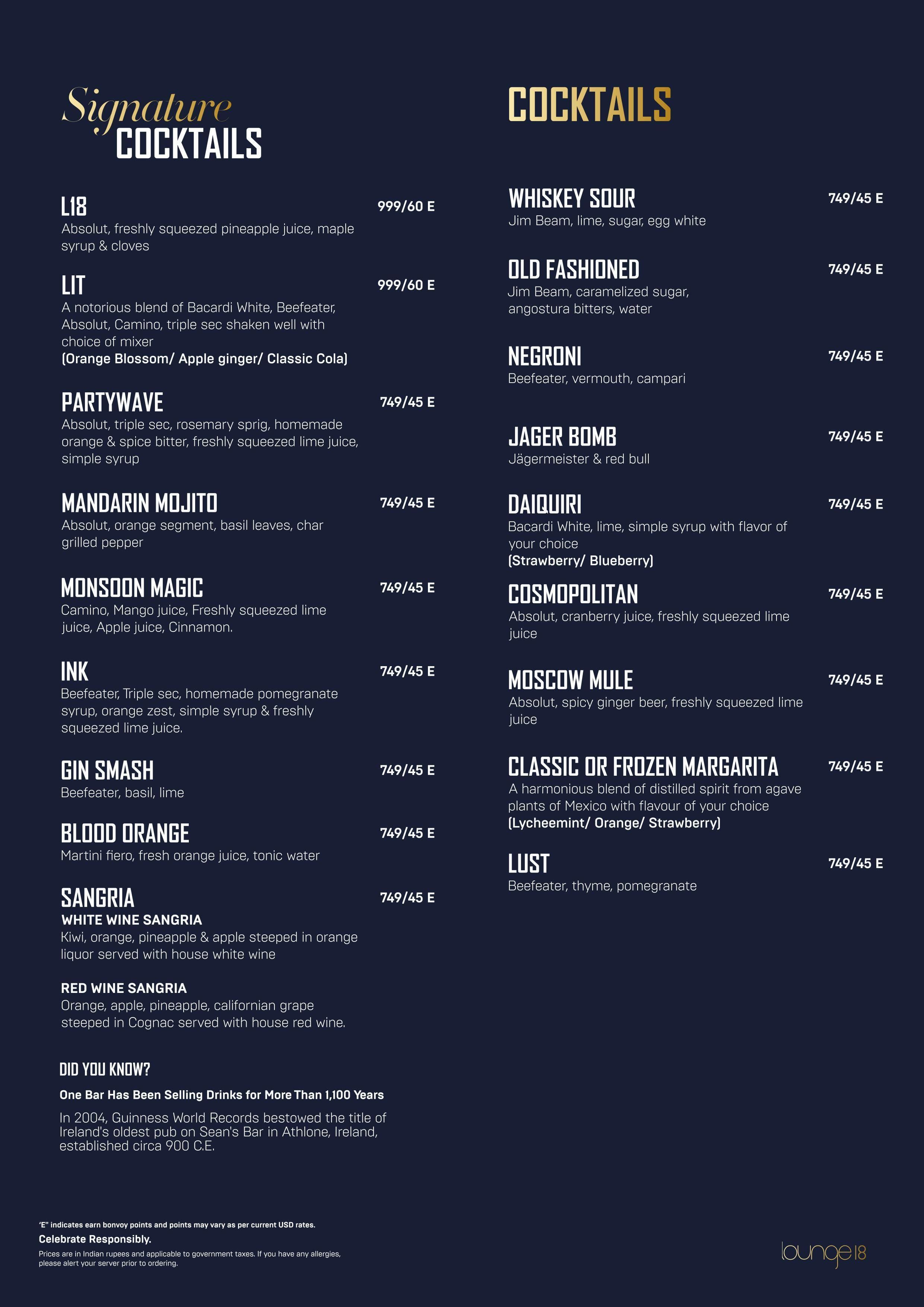 Menu of Lounge 18 - Jaipur Marriott Hotel, Durgapura, Jaipur