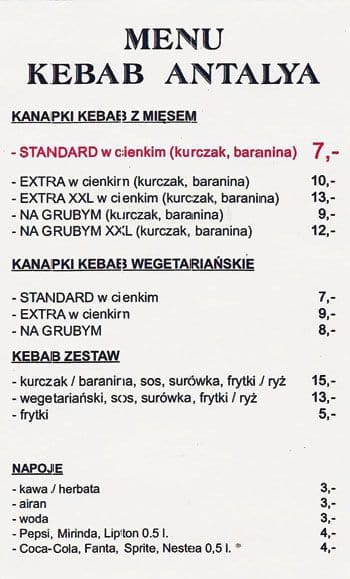 Menu at Antalya restaurant, Warsaw