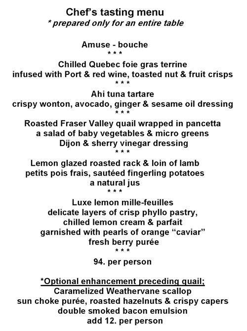 Menu at Five Sails Restaurant, Vancouver, 999 Canada Pl