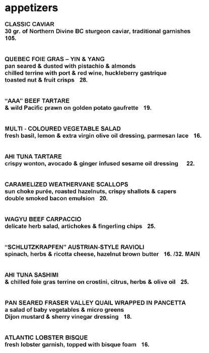 Menu at Five Sails Restaurant, Vancouver, 999 Canada Pl