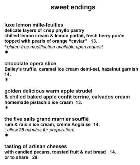 Menu at Five Sails Restaurant, Vancouver, 999 Canada Pl