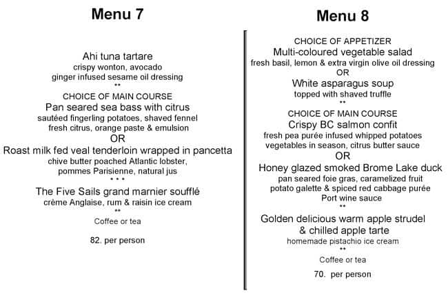 Menu at Five Sails Restaurant, Vancouver, 999 Canada Pl