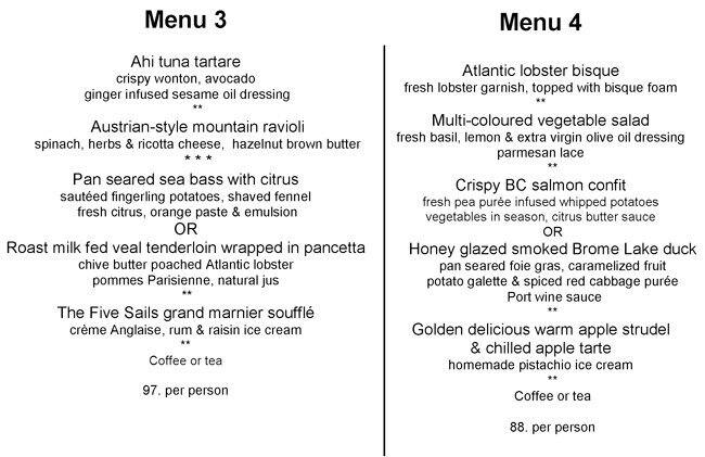 Menu at Five Sails Restaurant, Vancouver, 999 Canada Pl