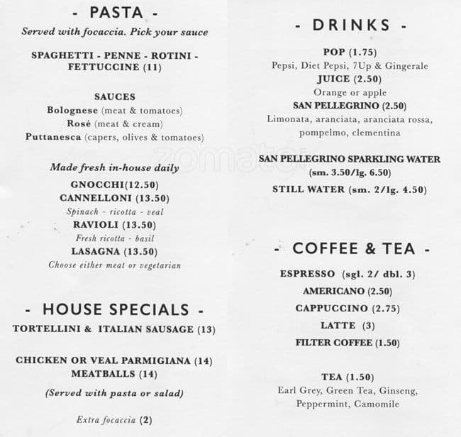 Menu at Cafe Leone, Vancouver