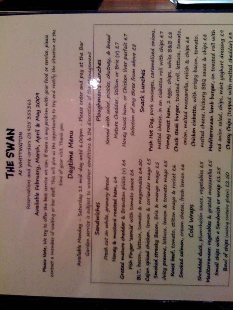 Menu at Swan pub & bar, Worcester, Old Rd N