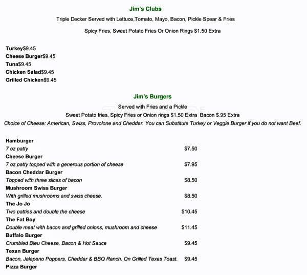 Menu at Jim's Deli & Restaurant, Boston