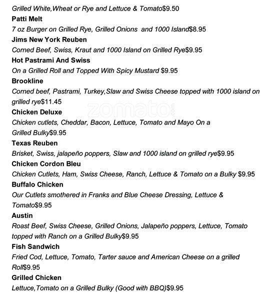 Menu at Jim's Deli & Restaurant, Boston