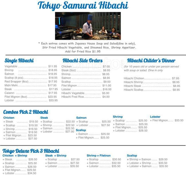 Menu at Tokyo Samurai Hibachi- Sushi restaurant, Colleyville