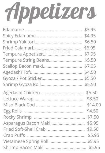 Menu at Tokyo Samurai Hibachi- Sushi restaurant, Colleyville