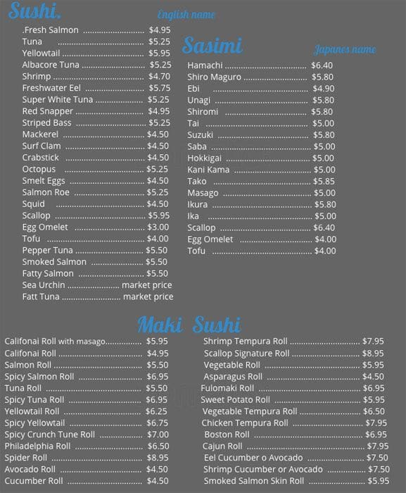 Menu at Tokyo Samurai Hibachi- Sushi restaurant, Colleyville