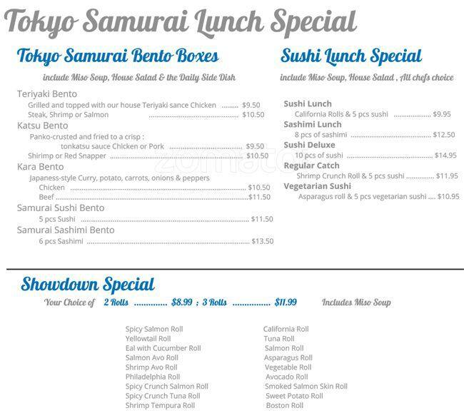 Menu at Tokyo Samurai Hibachi- Sushi restaurant, Colleyville