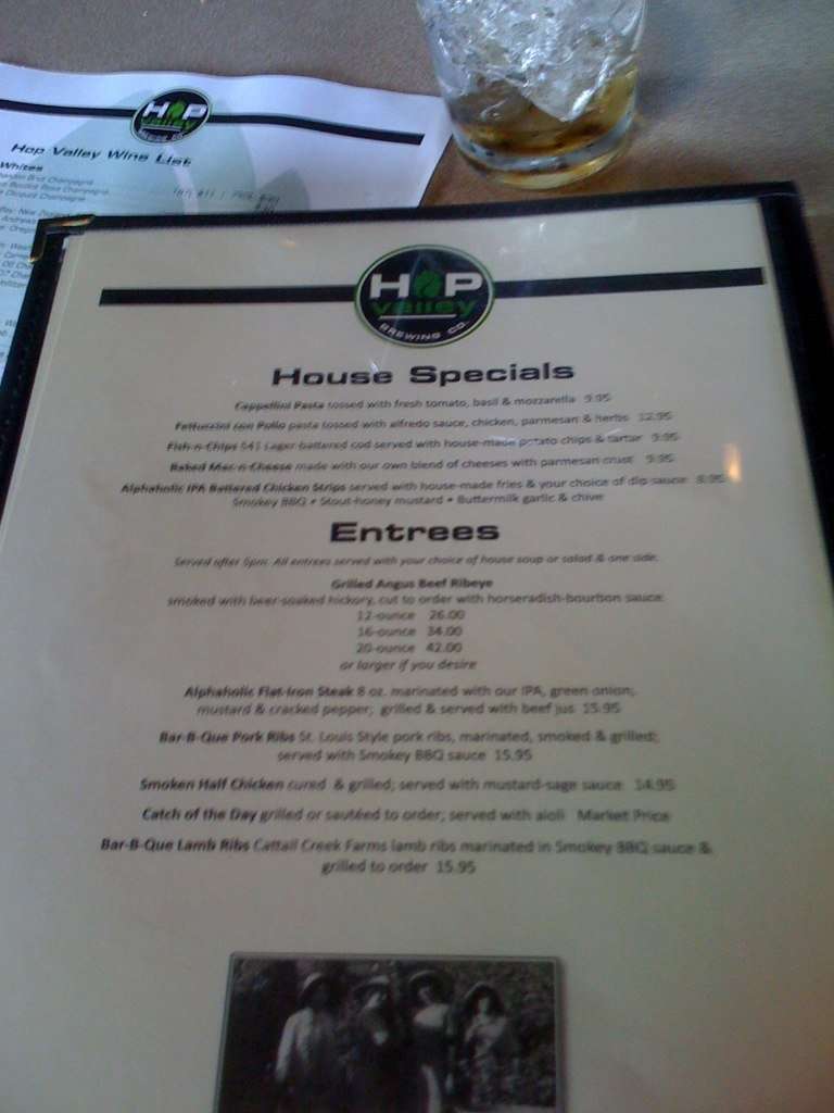 Menu at Hop Valley Brewing Company pub & bar, Springfield, 980 Kruse Way