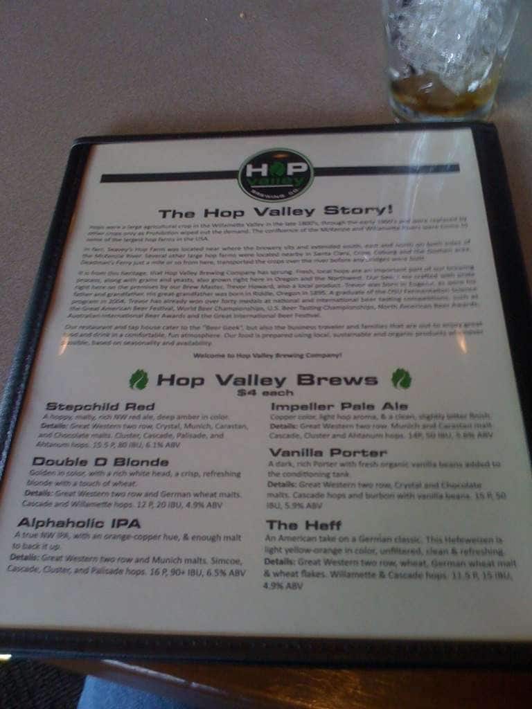 Menu at Hop Valley Brewing Company pub & bar, Springfield, 980 Kruse Way