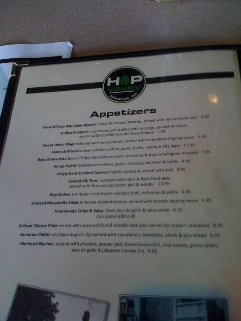 Menu at Hop Valley Brewing Company pub & bar, Springfield, 980 Kruse Way