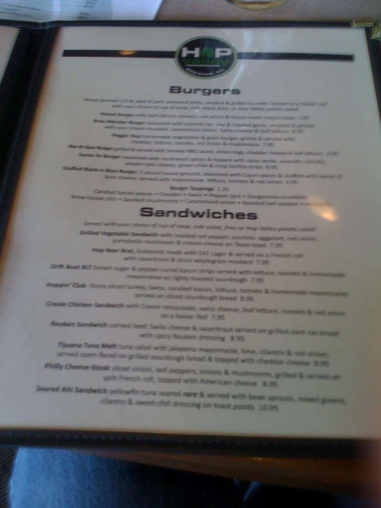 Menu at Hop Valley Brewing Company pub & bar, Springfield, 980 Kruse Way