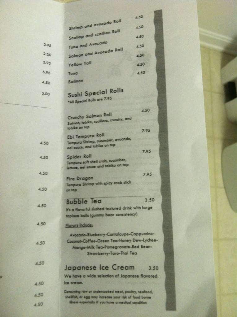 Menu at Musashi Asian Cuisine restaurant, Farmville