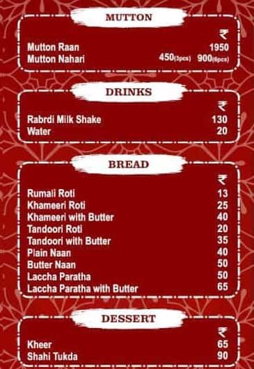 Menu at Al-Yamin, Delhi, a