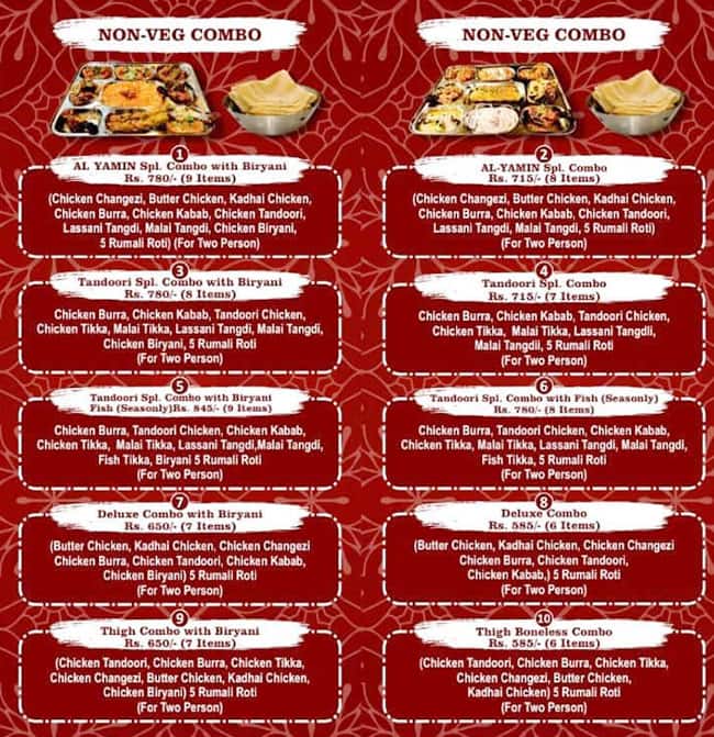 Menu at Al-Yamin, Delhi, a