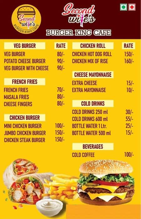Menu of Second Wifes Burger King Cafe, NIBM Road, Pune