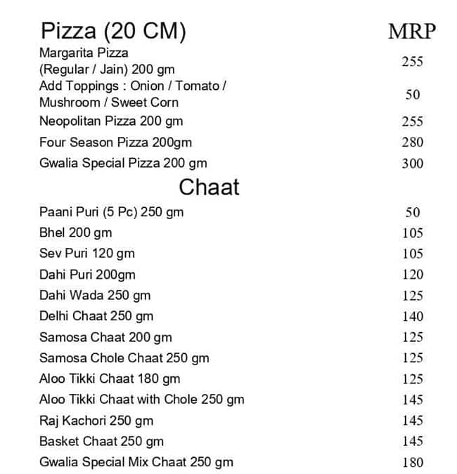 Menu of Gwalia Sweets Restaurant, Navrangpura, Ahmedabad